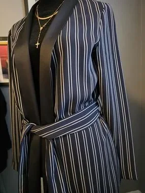 Zara | Jackets & Coats | Zara Basic Navy Blue White Striped Belted ...
